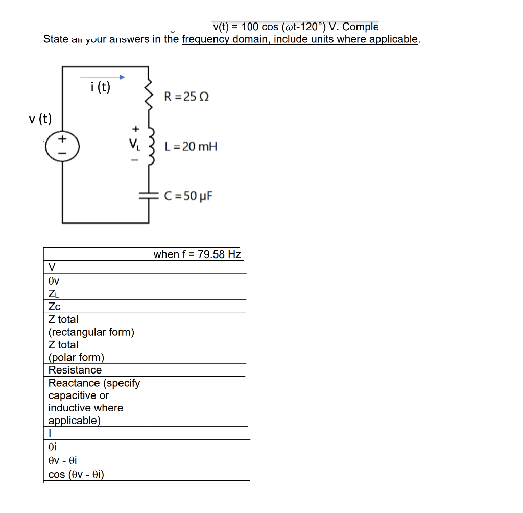 Solved v(t)=100cos(ωt−120∘)V. Comple State all yuur aıswers | Chegg.com