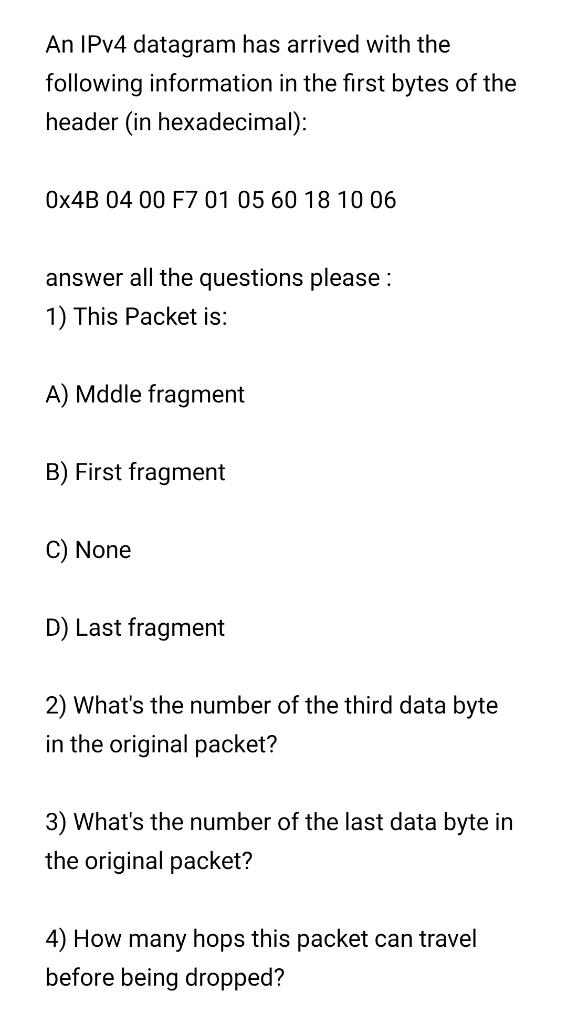 Solved An IPv4 datagram has arrived with the following | Chegg.com