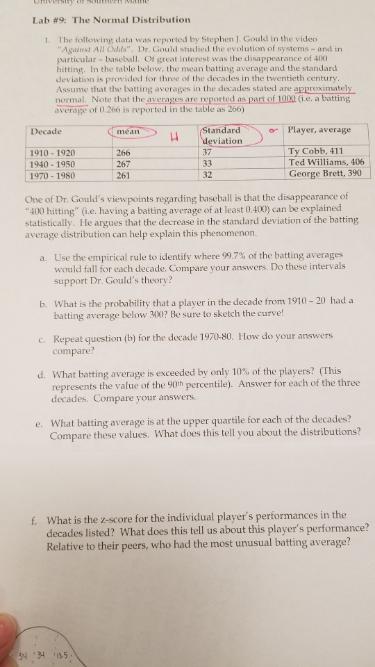 Solved Lab #9: The Normal Distribution 1. The following data | Chegg.com