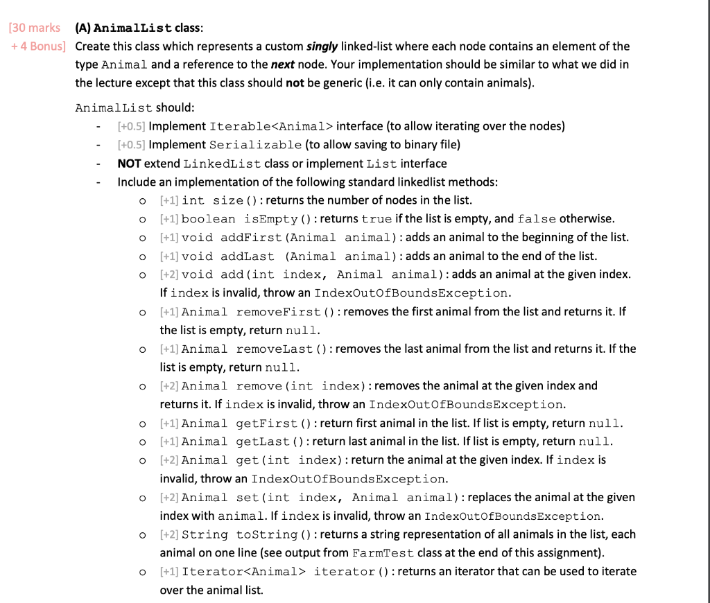 Solved o O O o o (30 marks (A) AnimalList class: + 4 Bonus] | Chegg.com