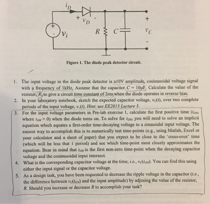 Solved Vi Figure 1. The diode peak detector circuit. 1. The | Chegg.com