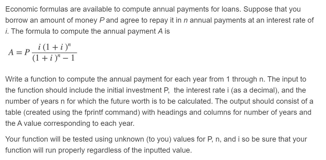 Solved Economic formulas are available to compute annual | Chegg.com