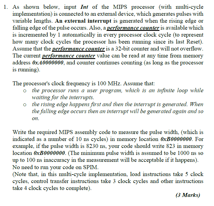 1 As Shown Below Input Int Of The Mips Processor 6408