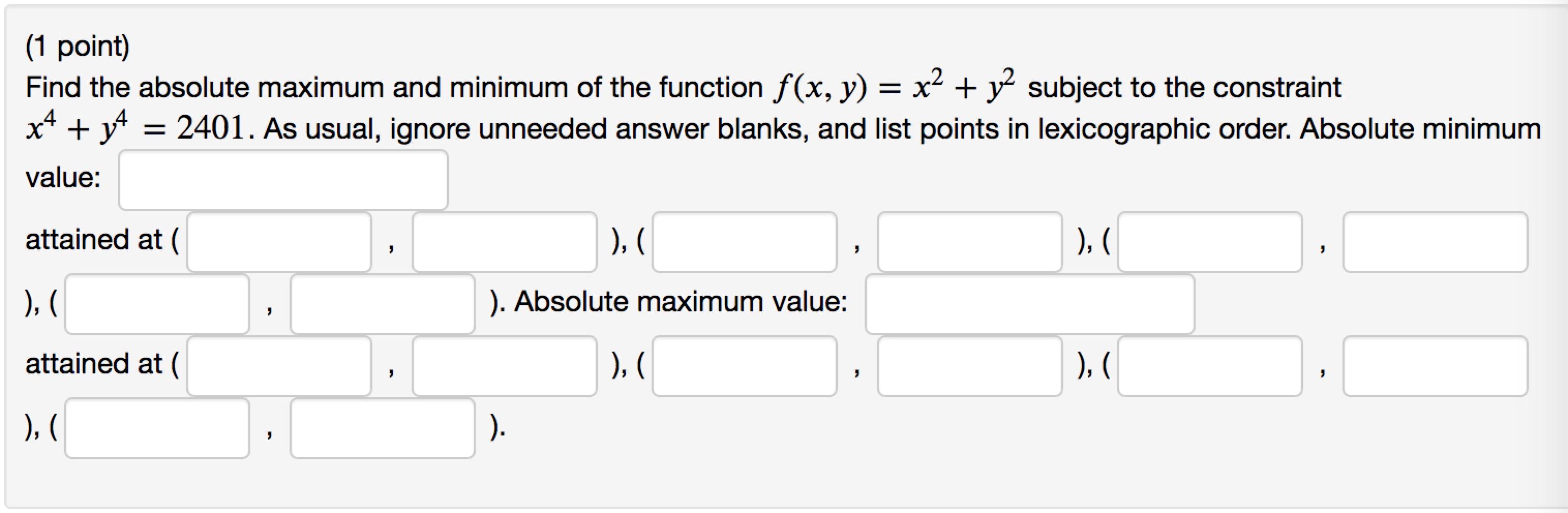 Solved (1 point) Find the absolute maximum and minimum of | Chegg.com