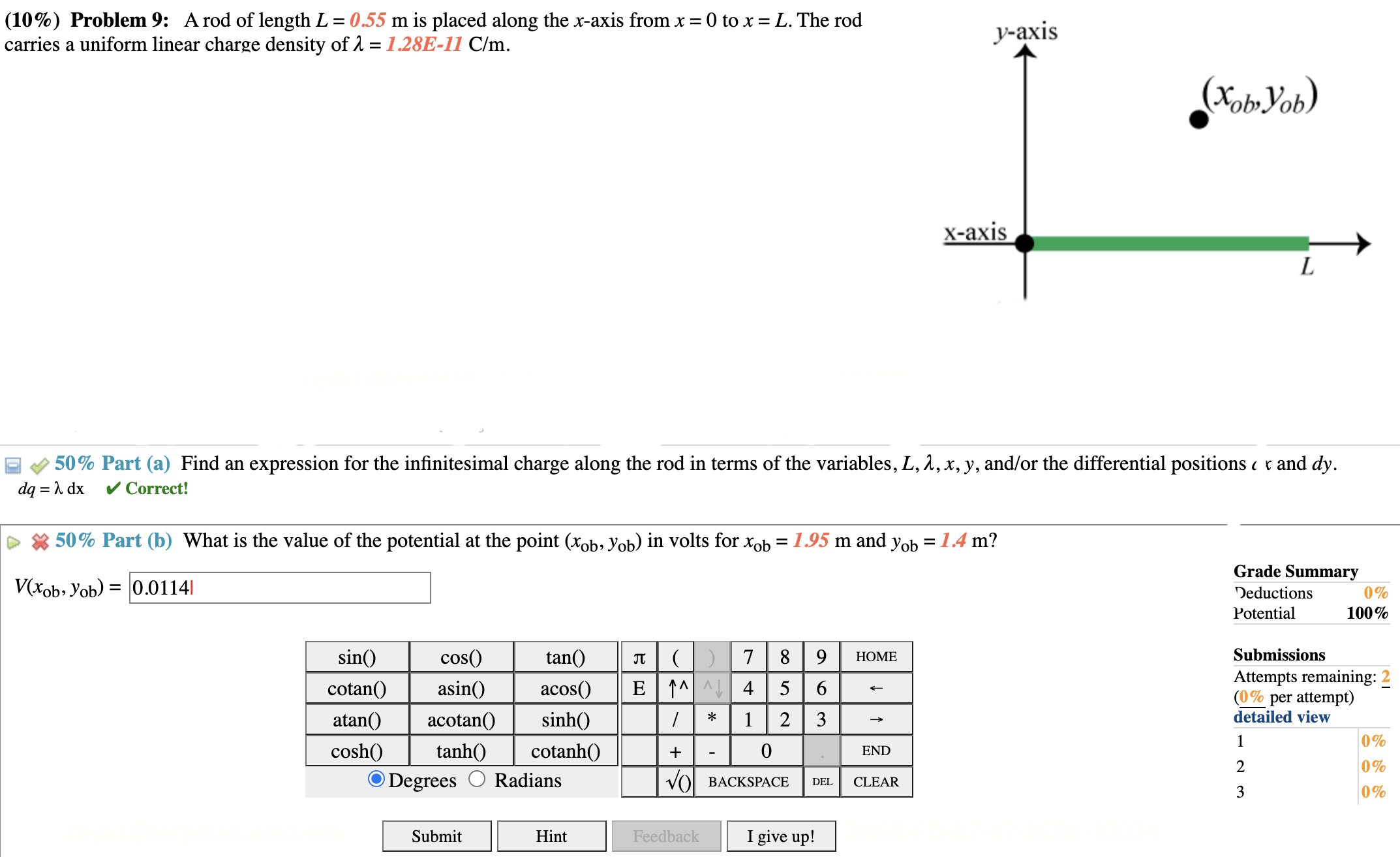 Solved (10\%) Problem 9: A rod of length L=0.55 m is placed | Chegg.com