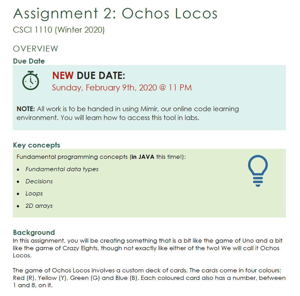 Assignment 2: Ochos Locos CSCI 1110 (Winter 2020) | Chegg.com