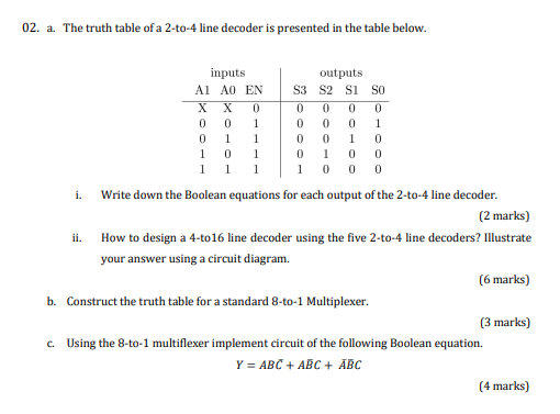 Solved 02. a. The truth table of a 2-to-4 line decoder is | Chegg.com