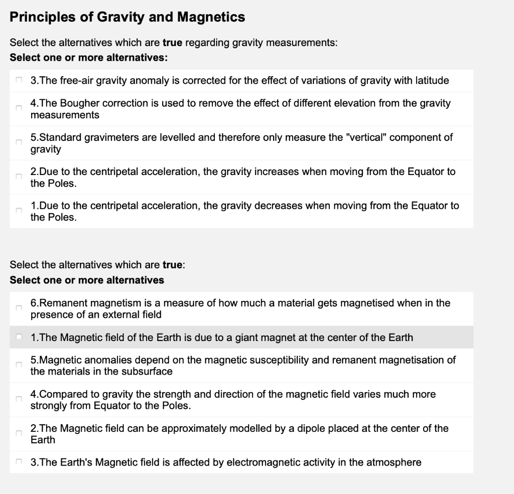 Solved Principles of Gravity and Magnetics Select the | Chegg.com
