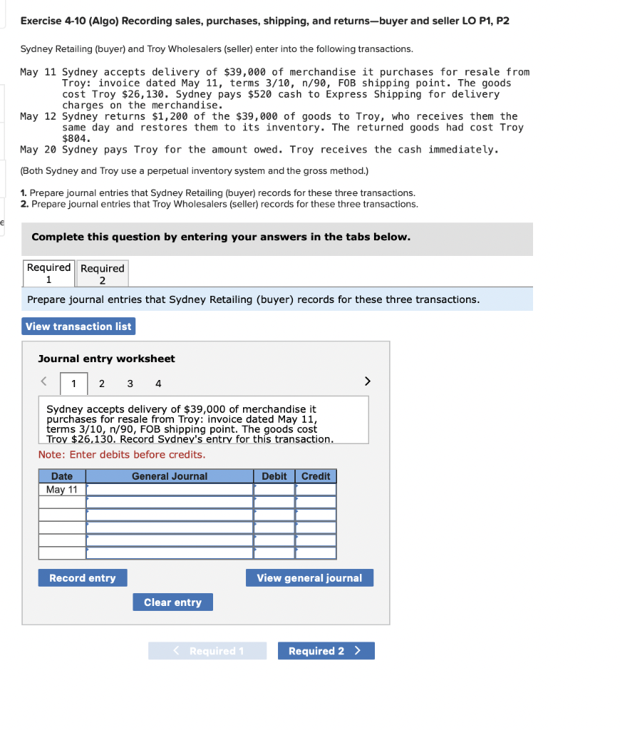 Solved Exercise 4-10 (Algo) Recording sales, purchases, | Chegg.com