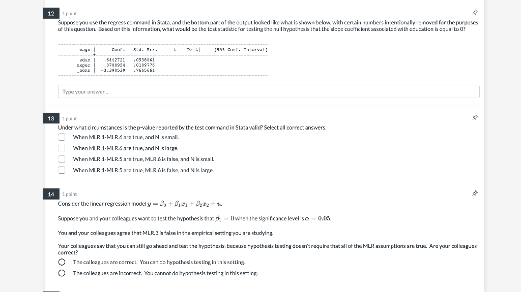 Solved 12 1 point Suppose you use the regress command in | Chegg.com