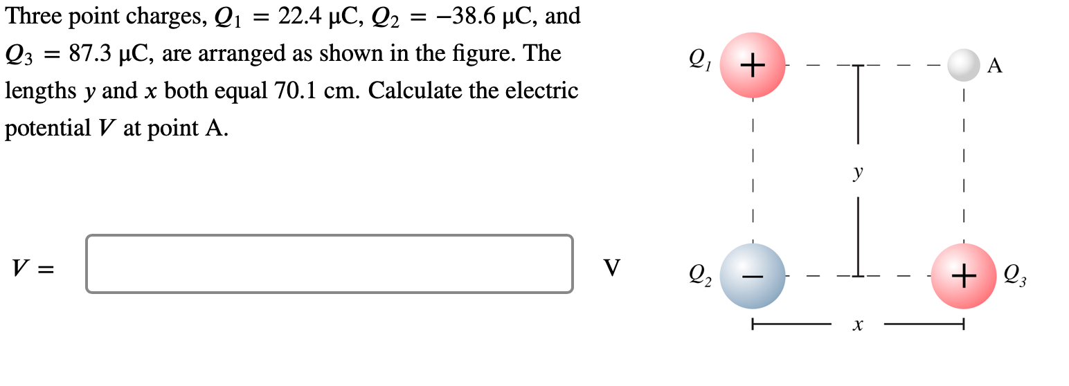 Solved = = Three point charges, Q1 22.4 °C, Q2 = -38.6 uC, | Chegg.com