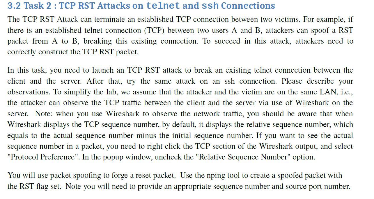 3.2 Task 2: TCP RST Attacks on telnet and ssh | Chegg.com