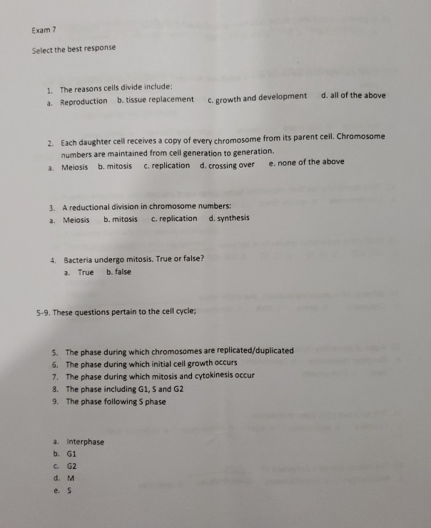 Solved Exam 7 Select the best response The reasons cells | Chegg.com