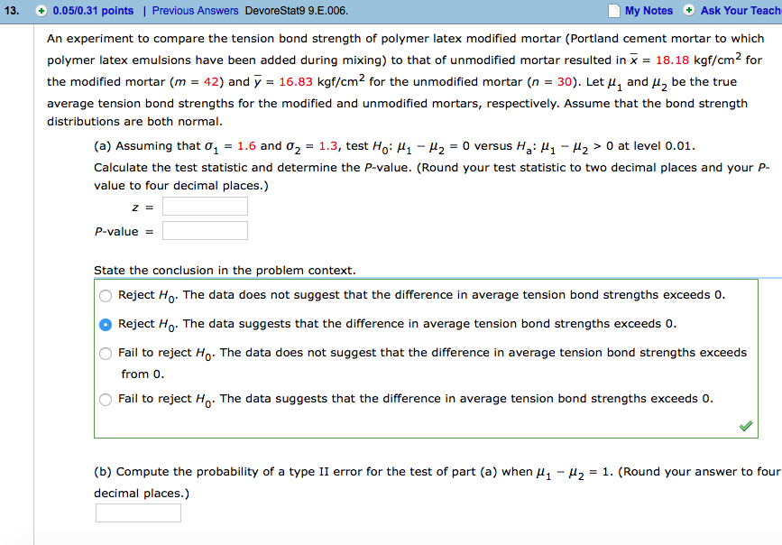 Solved 0.05/0.31 points Previous Answers DevoreStat9 9.E.006 | Chegg.com