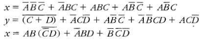 Solved x= ABC + ABC + ABC + ABC + ABC y = (C + D) + ACD + | Chegg.com