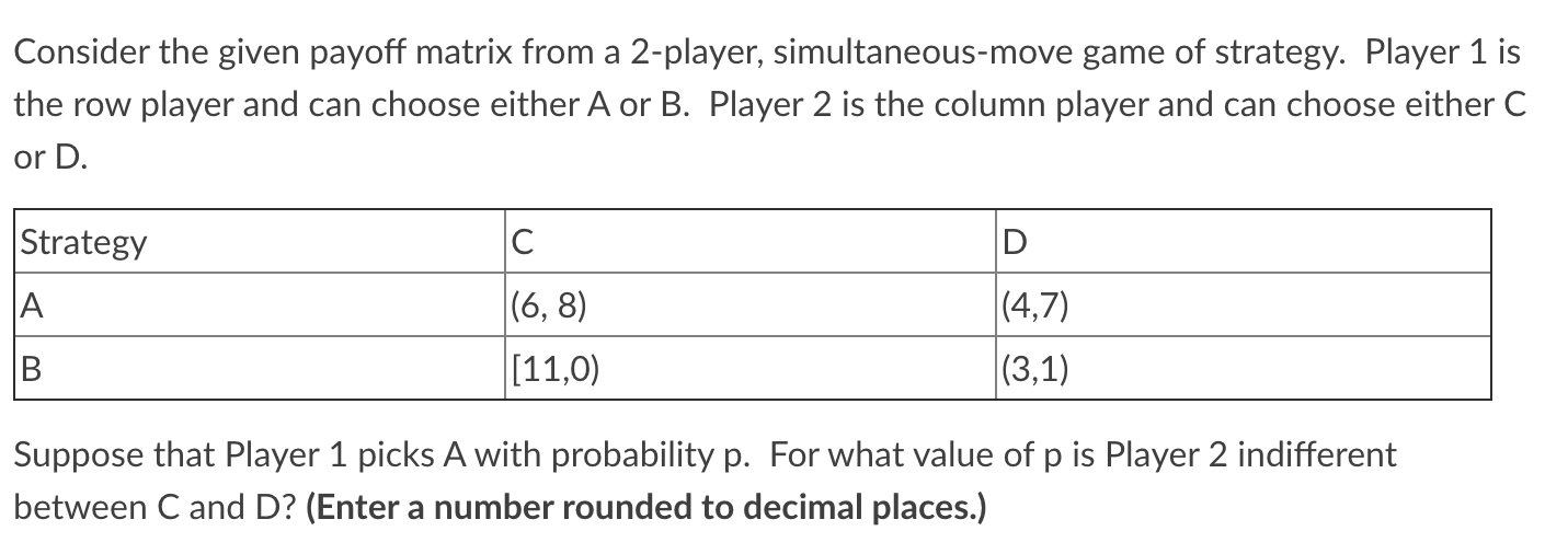 Solved Consider the given payoff matrix from a 2-player, | Chegg.com