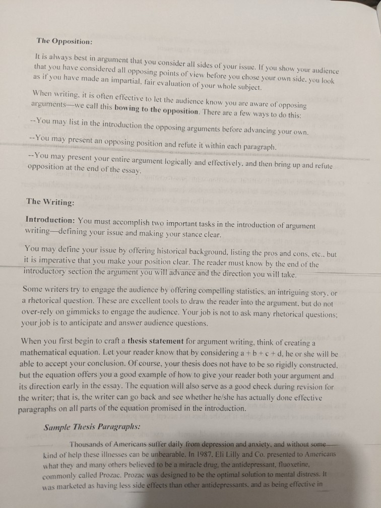 Writing an Argument The purpose of argument writing | Chegg.com