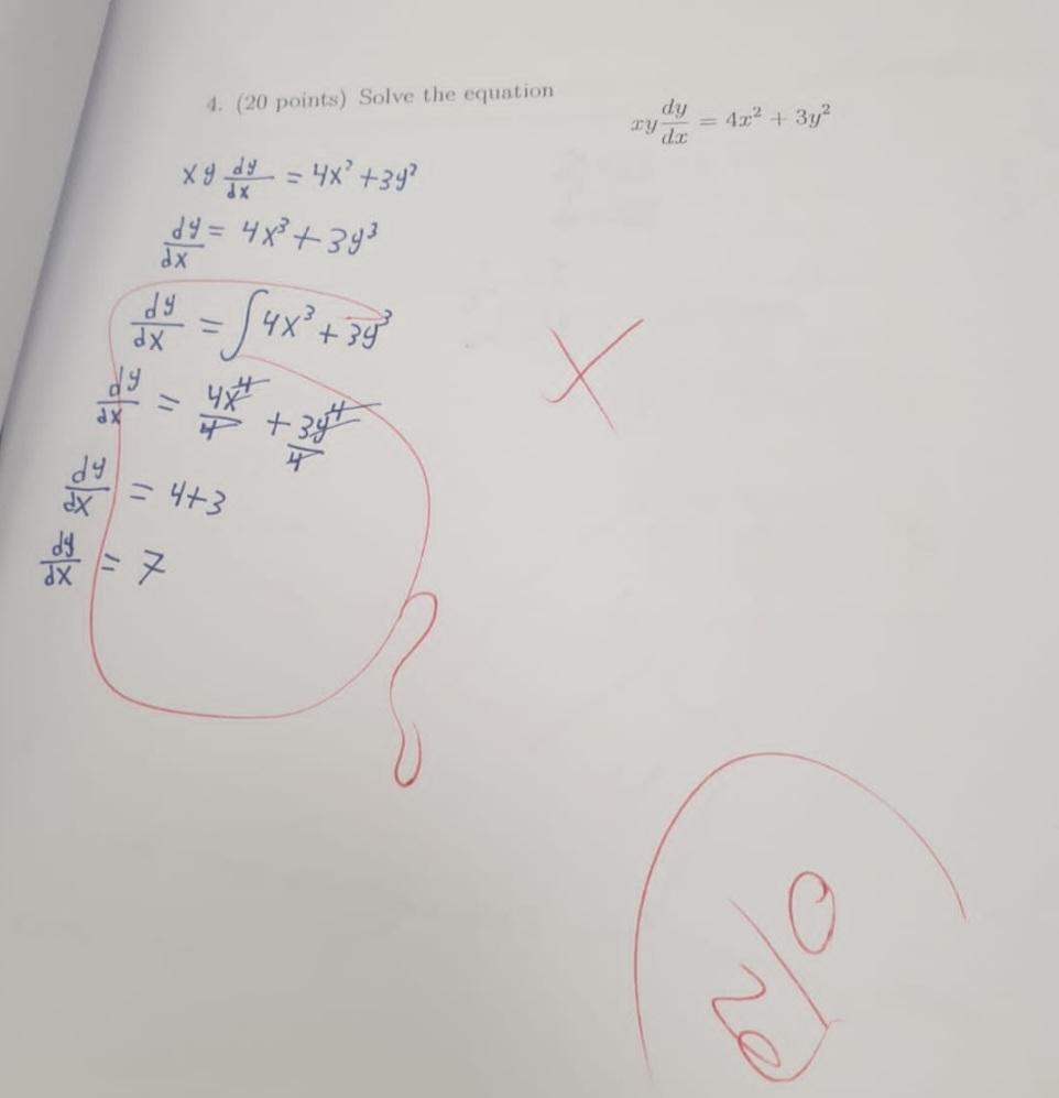Solved 4. (20 points) Solve the equation xydxdy=4x2+3y2 | Chegg.com