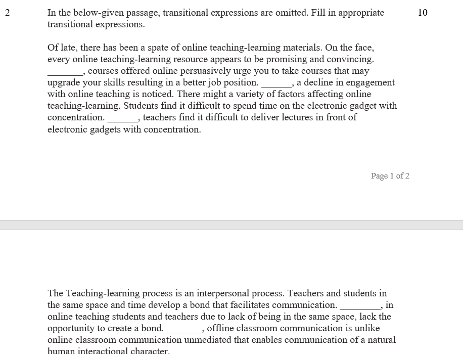 Solved 2 10 In the below-given passage, transitional | Chegg.com