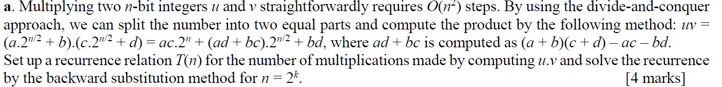 a. Multiplying two n-bit integers u and v | Chegg.com