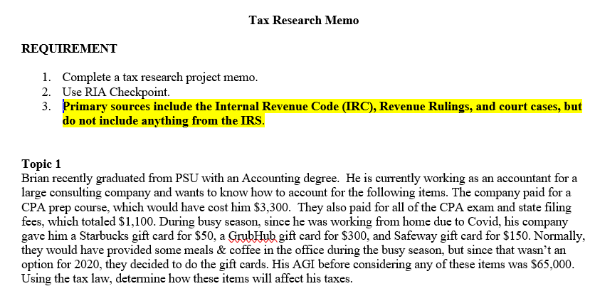 Tax Research Memo REQUIREMENT 1. Complete a tax | Chegg.com