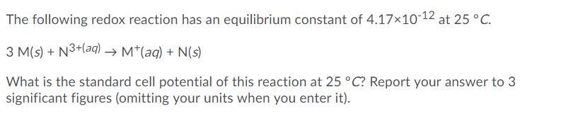 Solved The following redox reaction has an equilibrium | Chegg.com