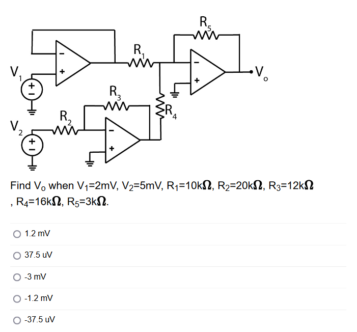 Solved Find V0 when V1=2mV,V2=5mV,R1=10kΩ,R2=20kΩ,R3=12kΩ | Chegg.com