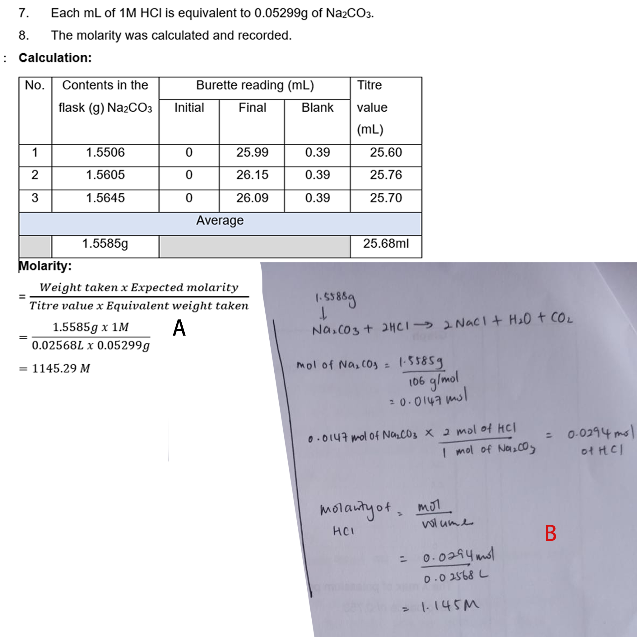 Solved The calculation for molarity for A is incorrect, but | Chegg.com