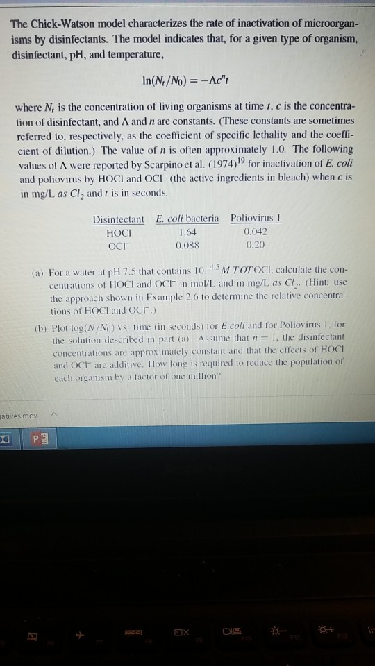 Solved The Chick-Watson model characterizes the rate of | Chegg.com