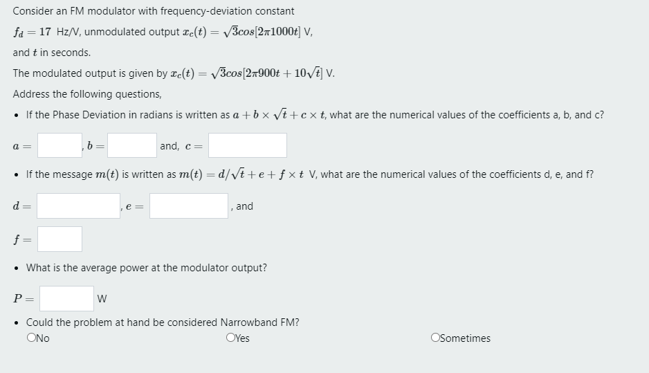 Solved Consider an FM modulator with frequency-deviation | Chegg.com