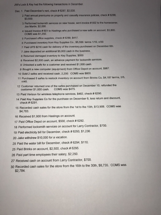 Solved JW's Lock & Key had the following transactions in | Chegg.com