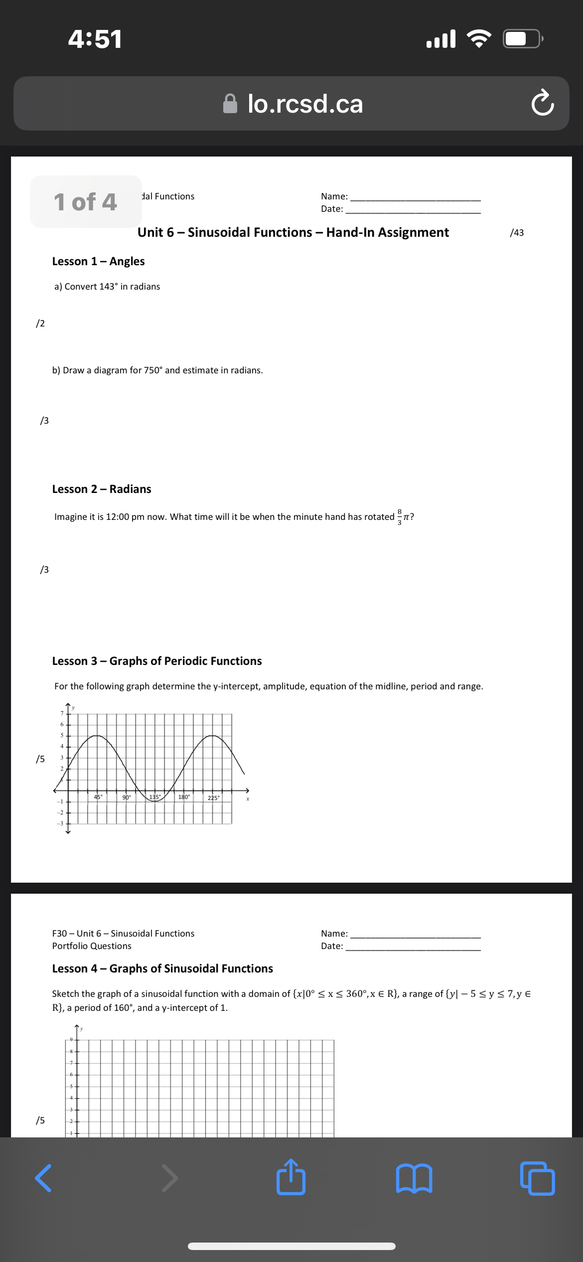 Solved 1 ﻿of 4NameDate:Unit 6 - ﻿Sinusoidal Functions - | Chegg.com