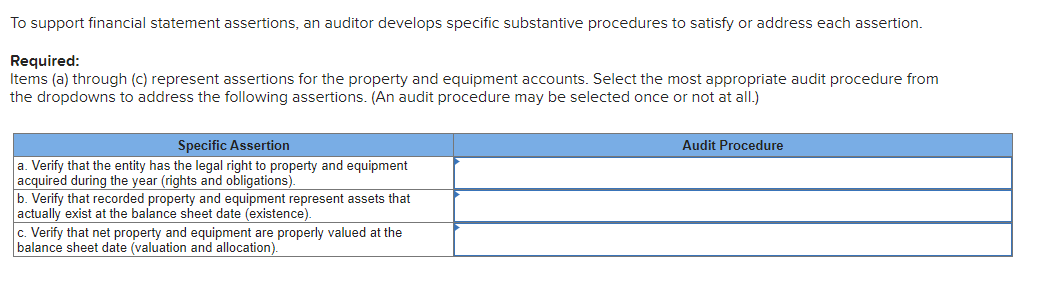 Solved To support financial statement assertions, an auditor | Chegg.com