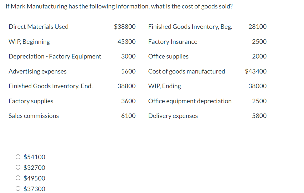 Solved If Mark Manufacturing has the following information, | Chegg.com