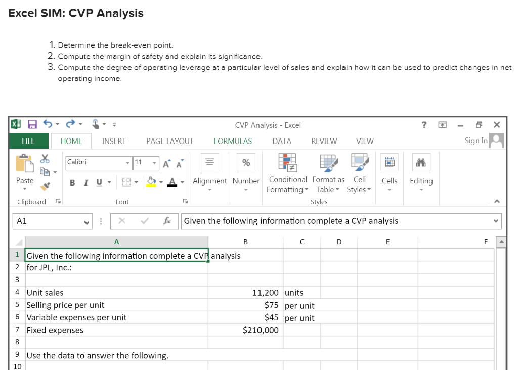 Solved Excel SIM: CVP Analysis 1. Determine the break-even | Chegg.com