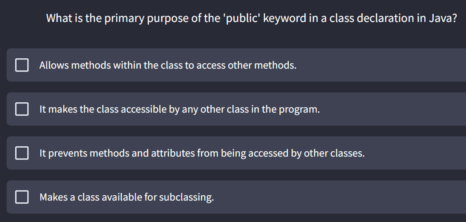 Solved What is the primary purpose of the 'public' keyword | Chegg.com