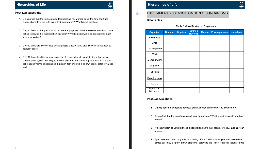 Experimer citanateation Classification of Organisms & | Chegg.com