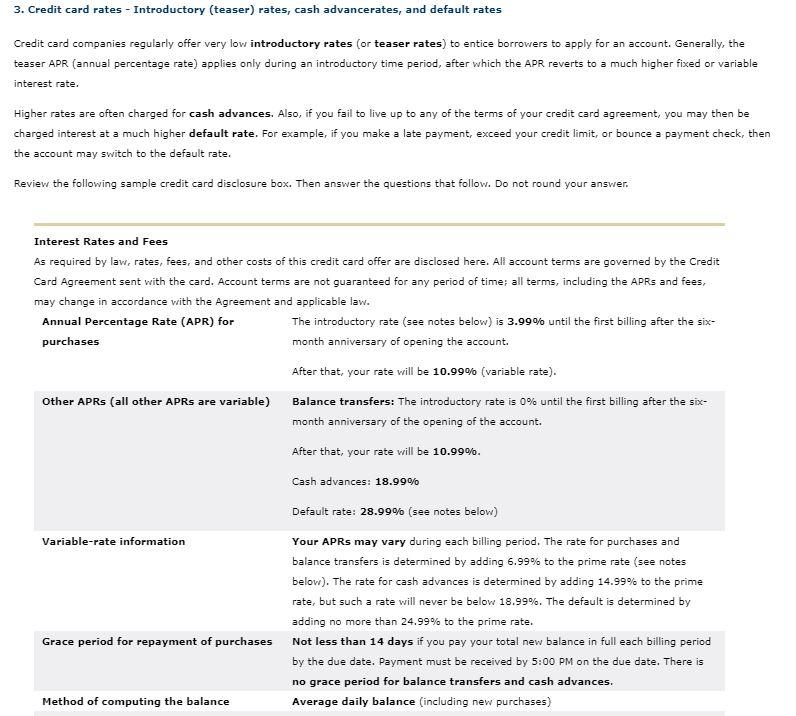 Solved 3. Credit card rates - Introductory (teaser) rates, | Chegg.com