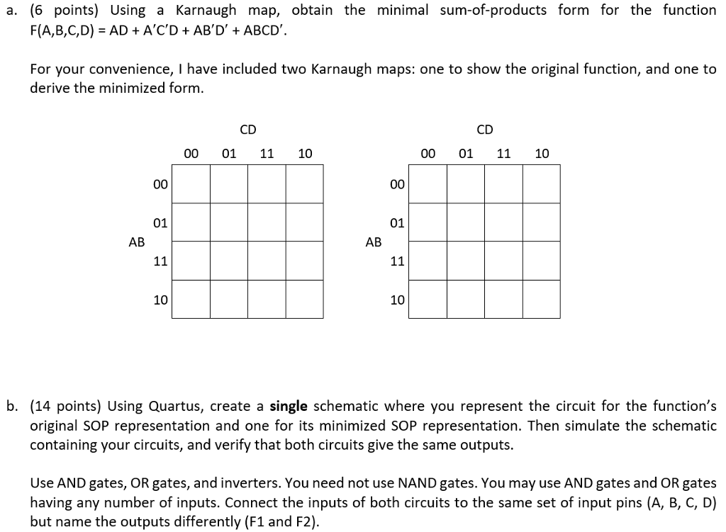 Solved a. (6 points) Using a Karnaugh map, obtain the | Chegg.com