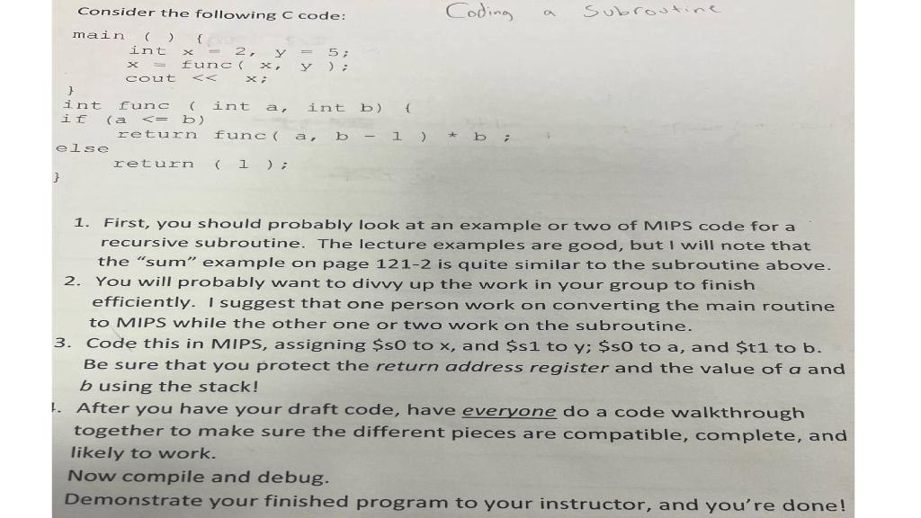 Solved Coding Subroutine Consider The Following C Code Main