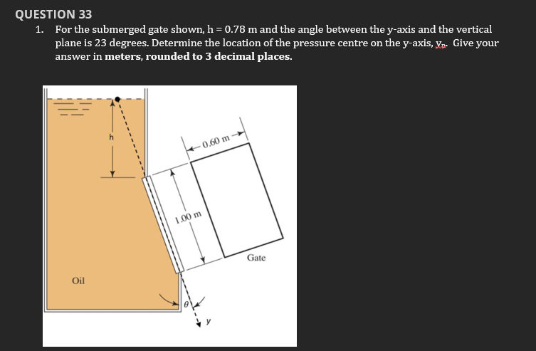 Solved QUESTION 33 1. For the submerged gate shown, h = 0.78 | Chegg.com