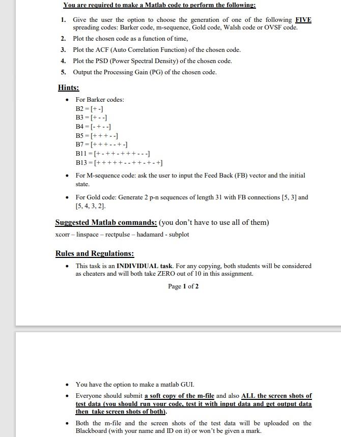 You are required to make a Matlab code to perform the | Chegg.com