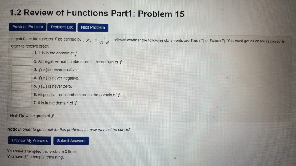 Solved 1.2 Review of Functions Part1: Problem 18 Previous | Chegg.com