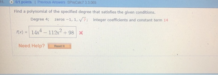 Solved 11 01 points Previous Answers SPreCalc7 3.3.069 Find | Chegg.com
