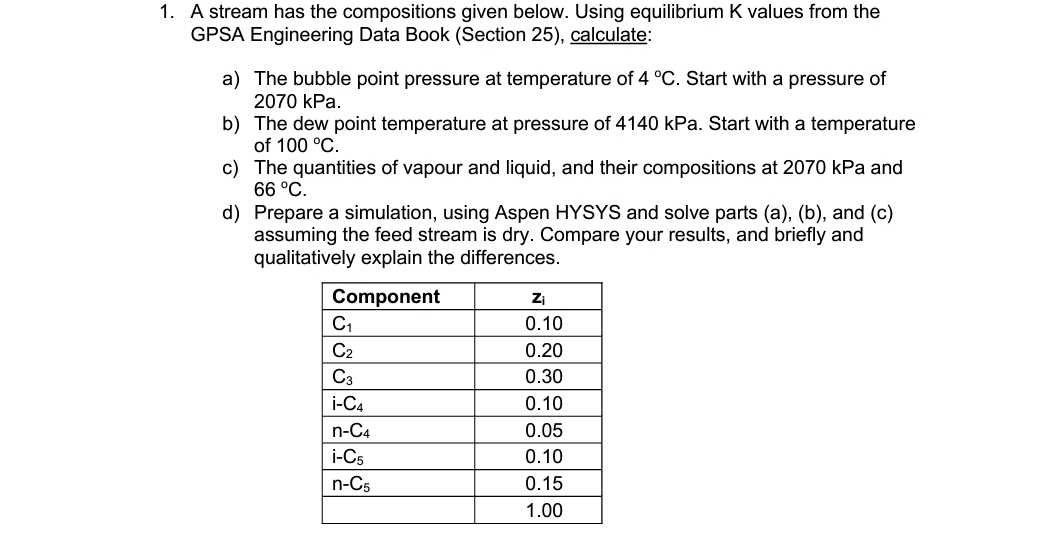 Solved 1. A stream has the compositions given below. Using | Chegg.com