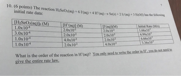 Solved 10. (6 points) The reaction H2SeO3(aq) + 6 1 (aq) + 4 | Chegg.com