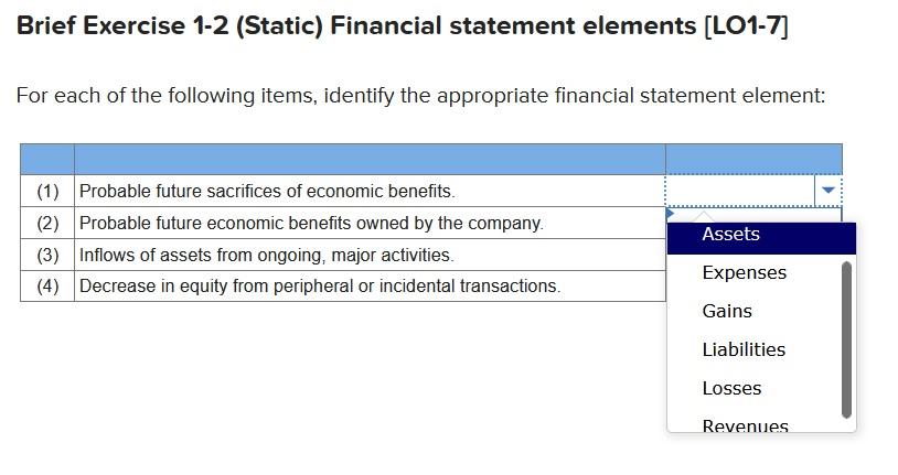 Solved Brief Exercise 1-2 (Static) Financial statement | Chegg.com Solved Brief Exercise 1-2 (Static) Financial statement | Chegg.com