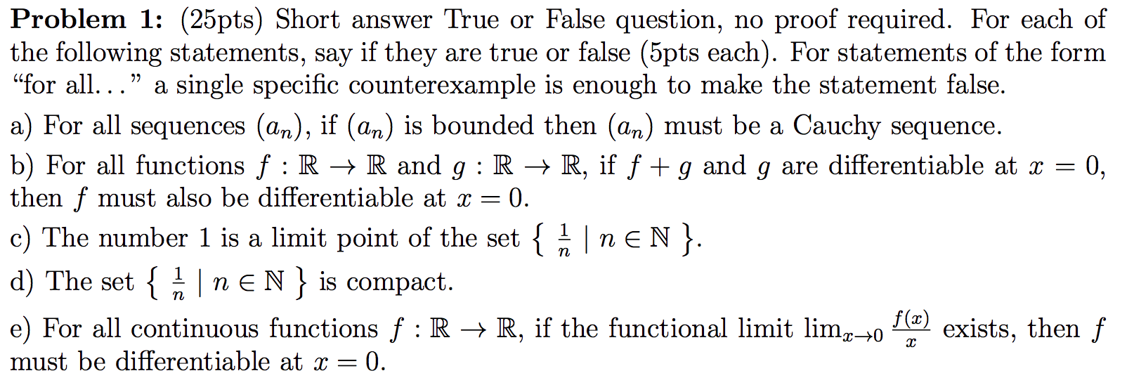 Solved Problem 1: (25pts) Short answer True or False | Chegg.com