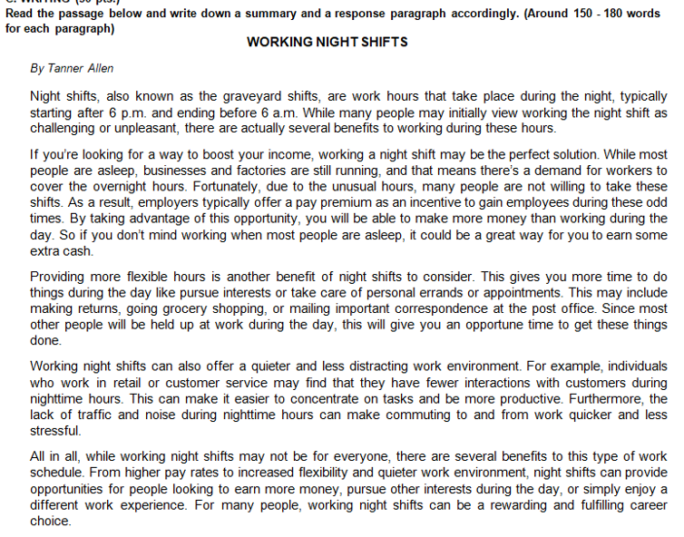 WORKING NIGHT SHIFTS By Tanner Allen Night shifts, | Chegg.com