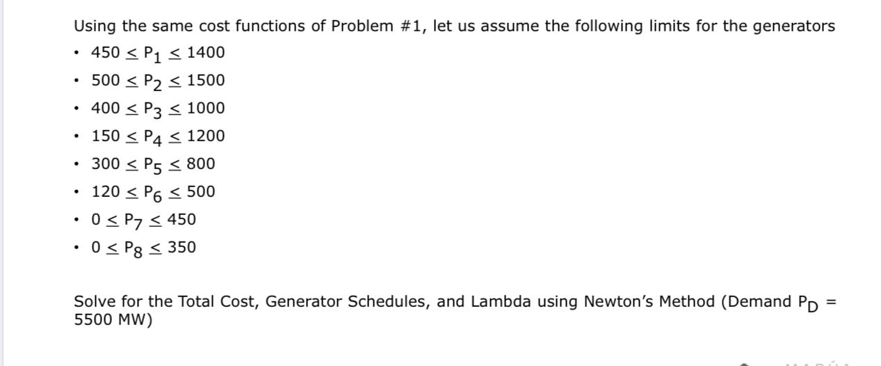 Assuming the following generator cost functions | Chegg.com